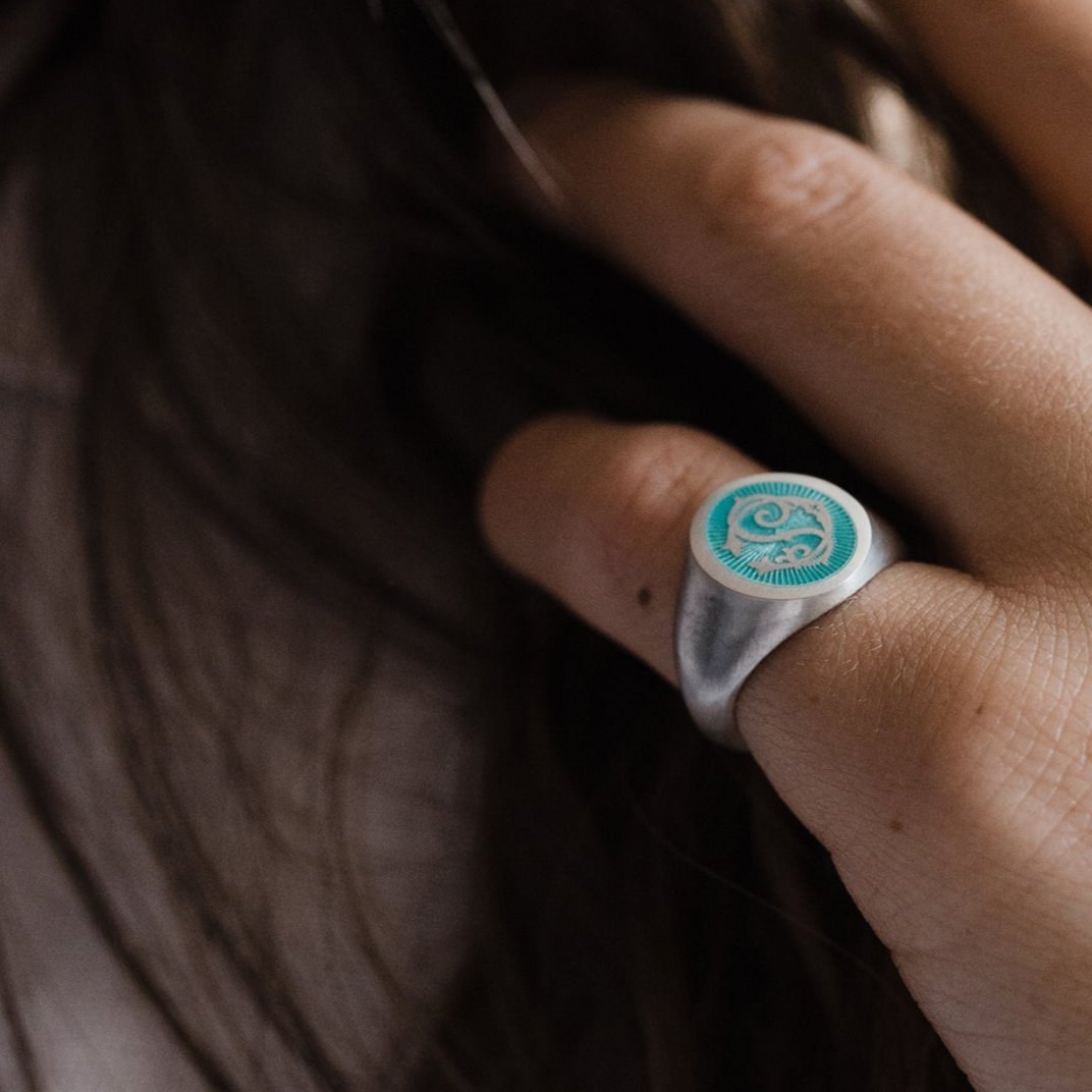 Sterling Silver And Transparent Enamel Entwined Initials Signet Ring