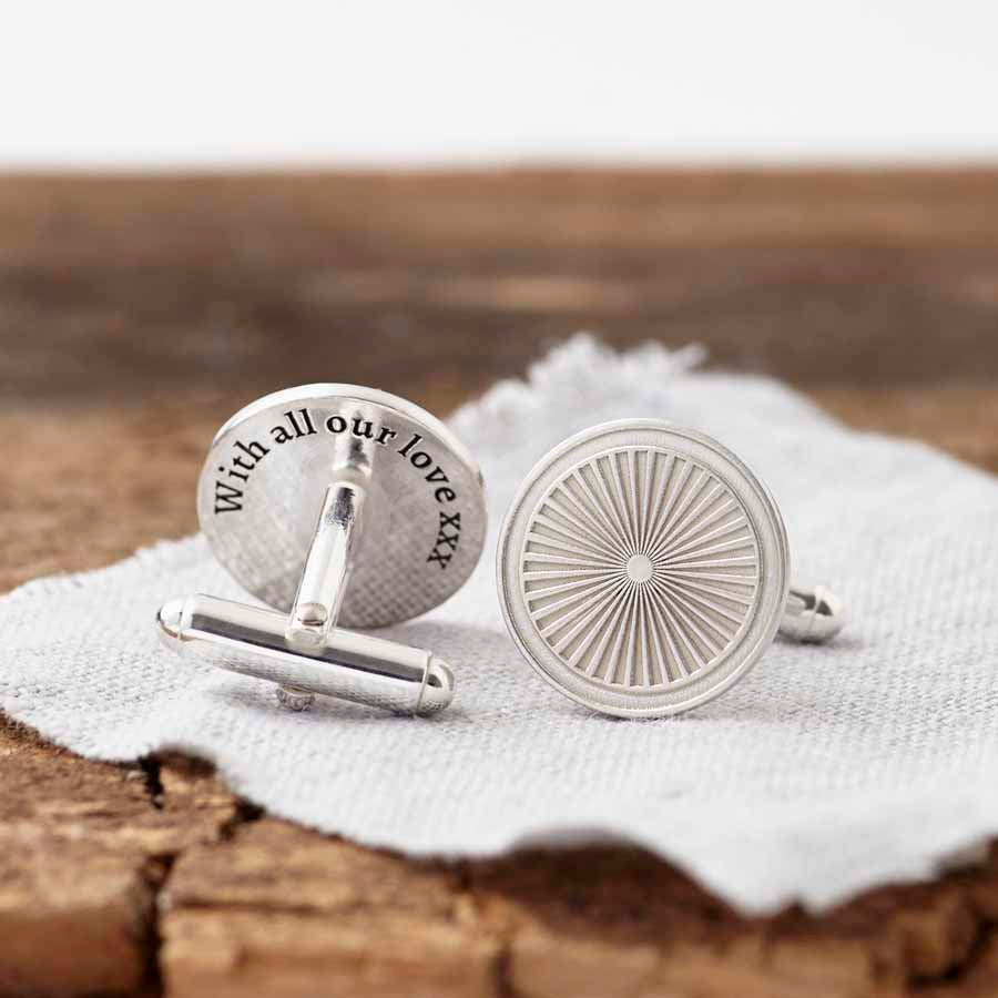 Personalised Bicycle Wheel Secret Message Silver Cufflinks